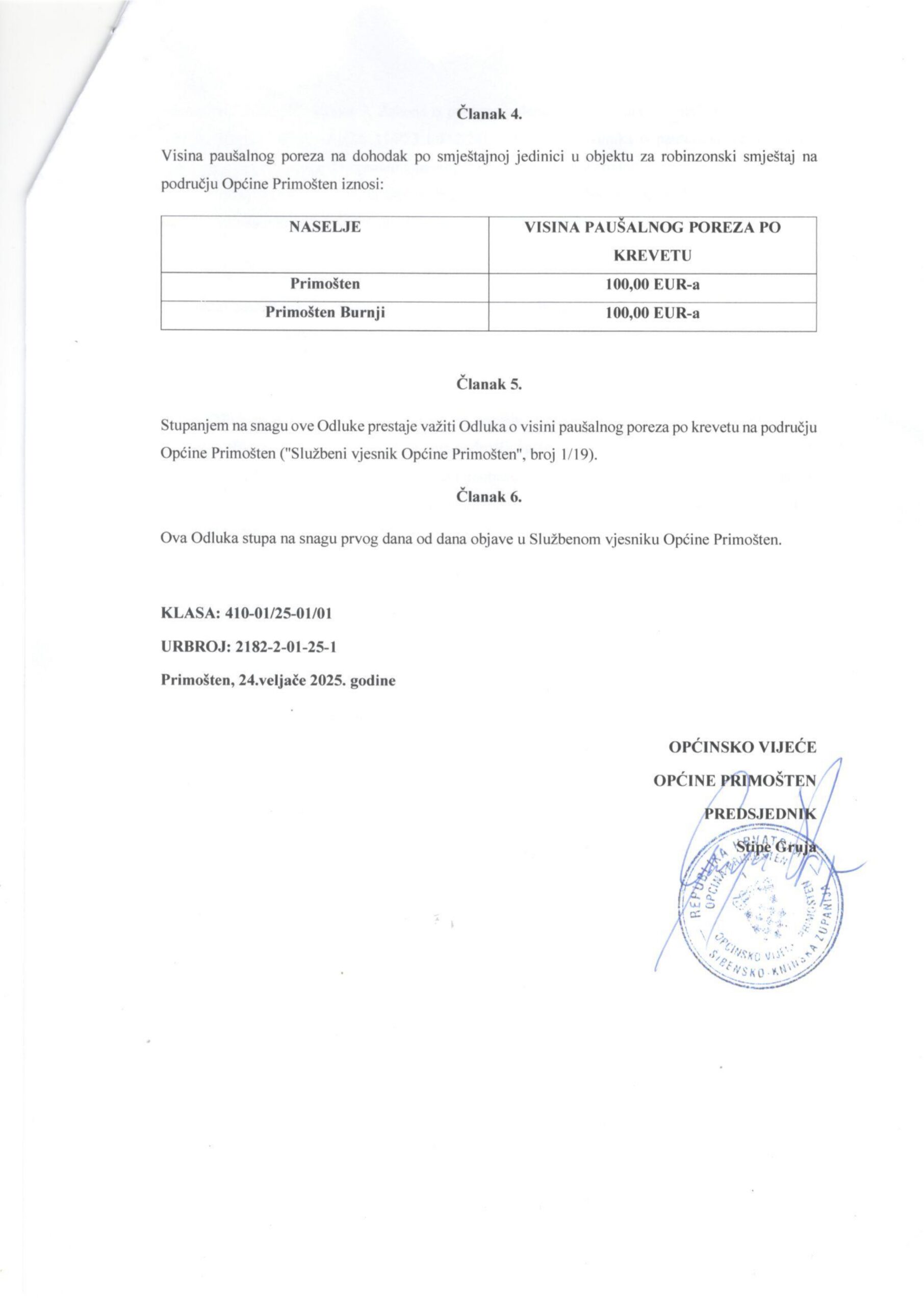 Odluka o visini paušalnog poreza po krevetu – VisitPrimosten.com